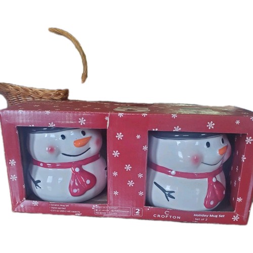 Crofton Holiday Mug Set Of 2. Snowmen Hand Painted Ceramic Coffee Hot ...