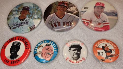 7 Vintage Baseball Buttons Babe Ruth Lou Brock Johnny Bench Brett Fisk ...