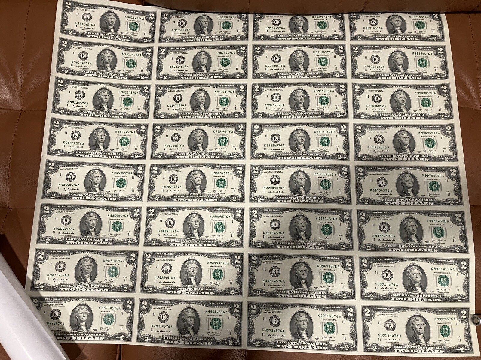 2013 Full Uncut Sheet Of 32 TWO Dollar Bills Uncirculated $2 | eBay