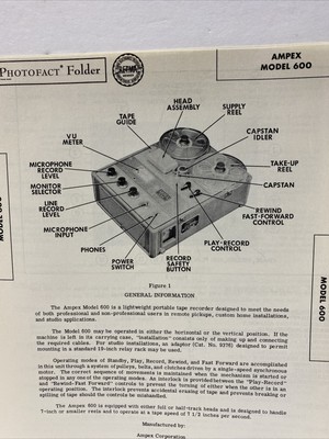1956 AMPEX 600 REEL To REEL Tape Recorder Photofact MANUAL Portable ...