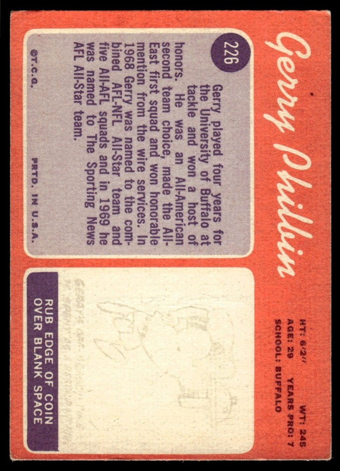 1970 Topps Gerry Philbin New York Jets #226 | eBay