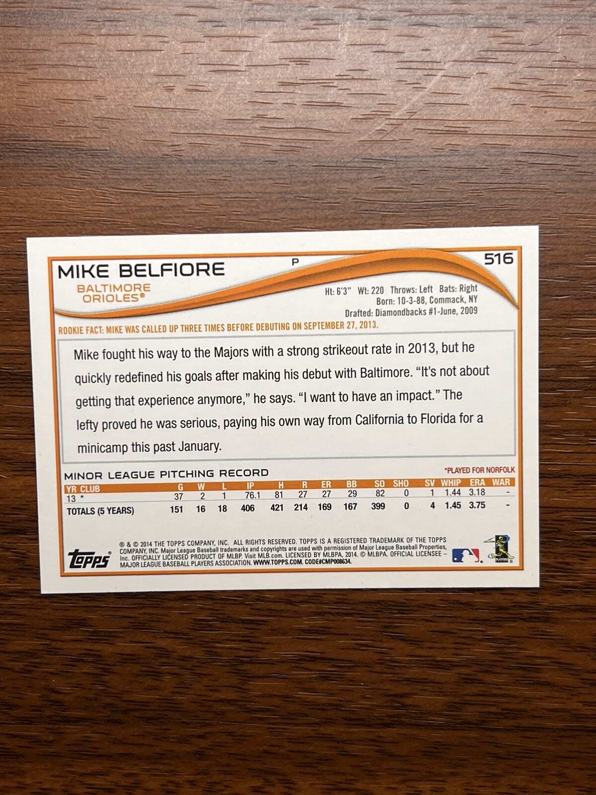 2014 Topps Mike Belfiore TARGET RED ROOKIE SP #516 Baltimore Orioles RC ...