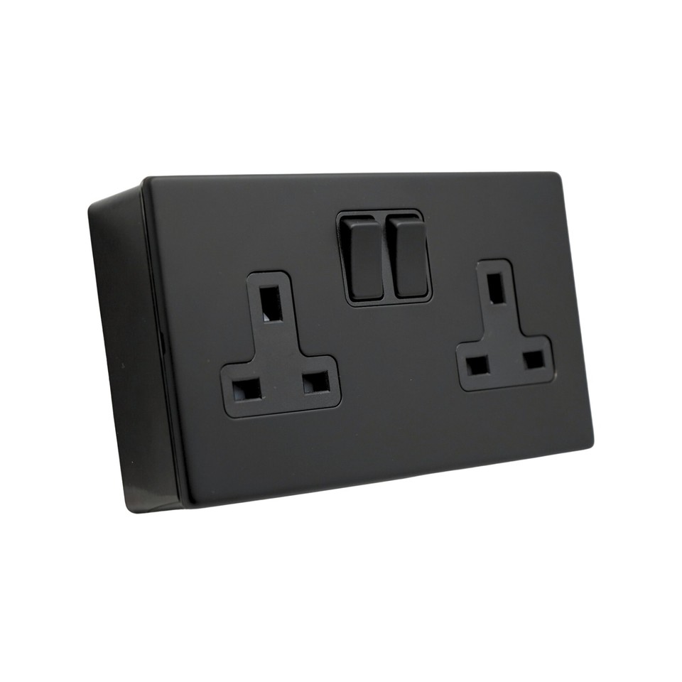 SHPELEC® Matt Black Screwless 2 Gang 13A Socket and Surface Mount Back ...