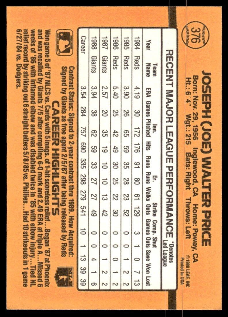 1989 Donruss Baseball Card Joe Price San Francisco Giants #376 | eBay