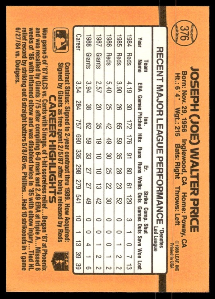 1989 Donruss Baseball Card Joe Price San Francisco Giants #376 | eBay