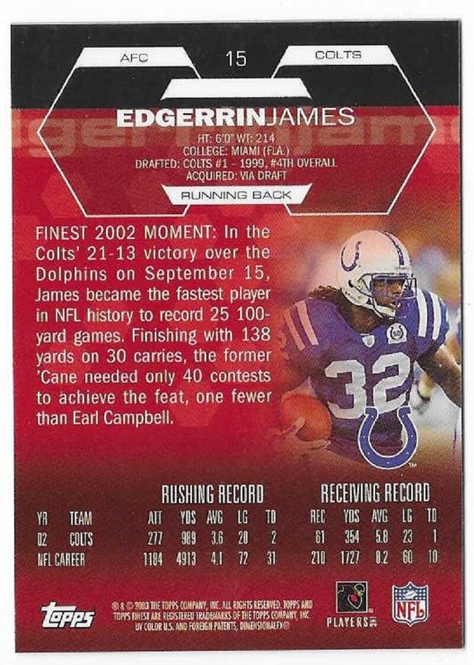 EDGERRIN JAMES 2003 Finest Football # 15 Indianapolis Colts HOF NM - MT ...