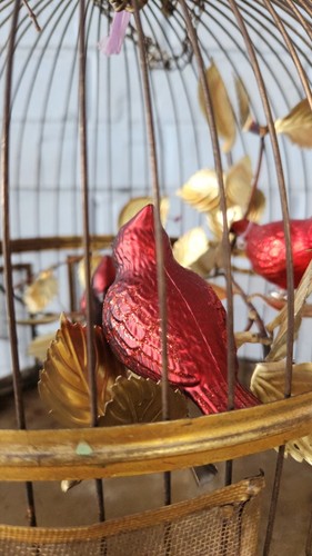 Antique Hendrix Bird Finch Canary Cage W/ Glass Cardinals & Curtis Jeer ...