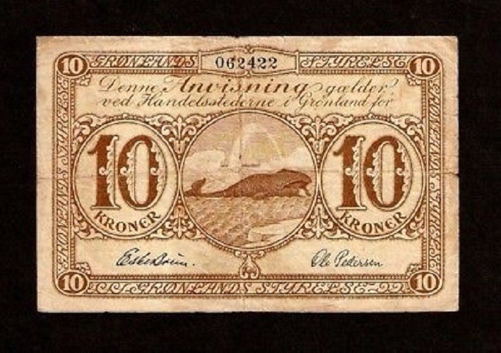 GREENLAND 10 KRONER P-16 1926-1952 WHALE CURRENCY MONEY DENMARK EUROPE ...
