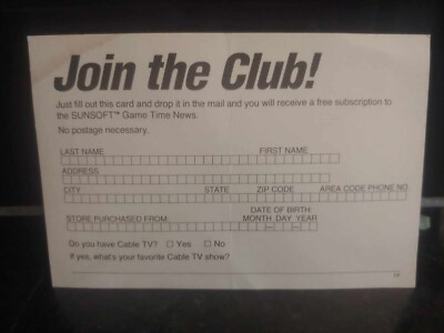 SUNSOFT "Join the Club" NES Nintendo Game Registration Card Insert SUN ...