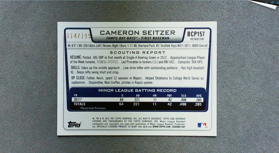 2012 Bowman Chrome Prospect Purple Refractor #157 Cameron Seitzer Rays ...