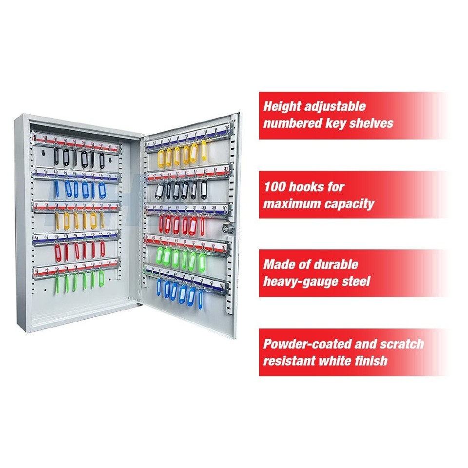 Key Box Wall Mount 100 Position Metal Valet Key Cabinet Lock Box w/ Key ...