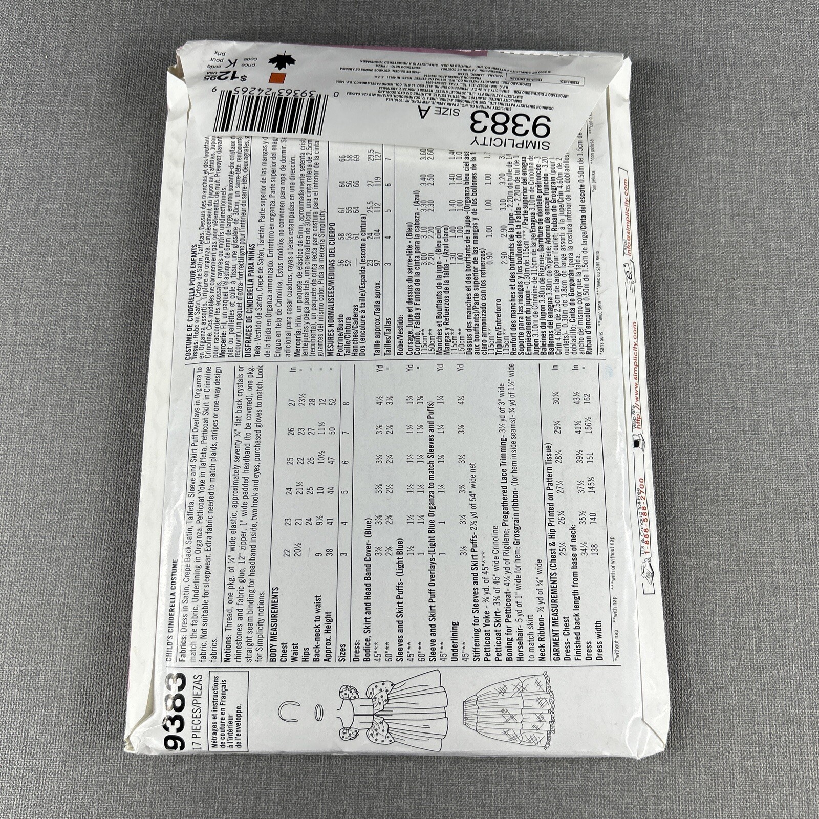 Simplicity 9383 Pattern Disney Princess Cinderella Costumes Child Size ...