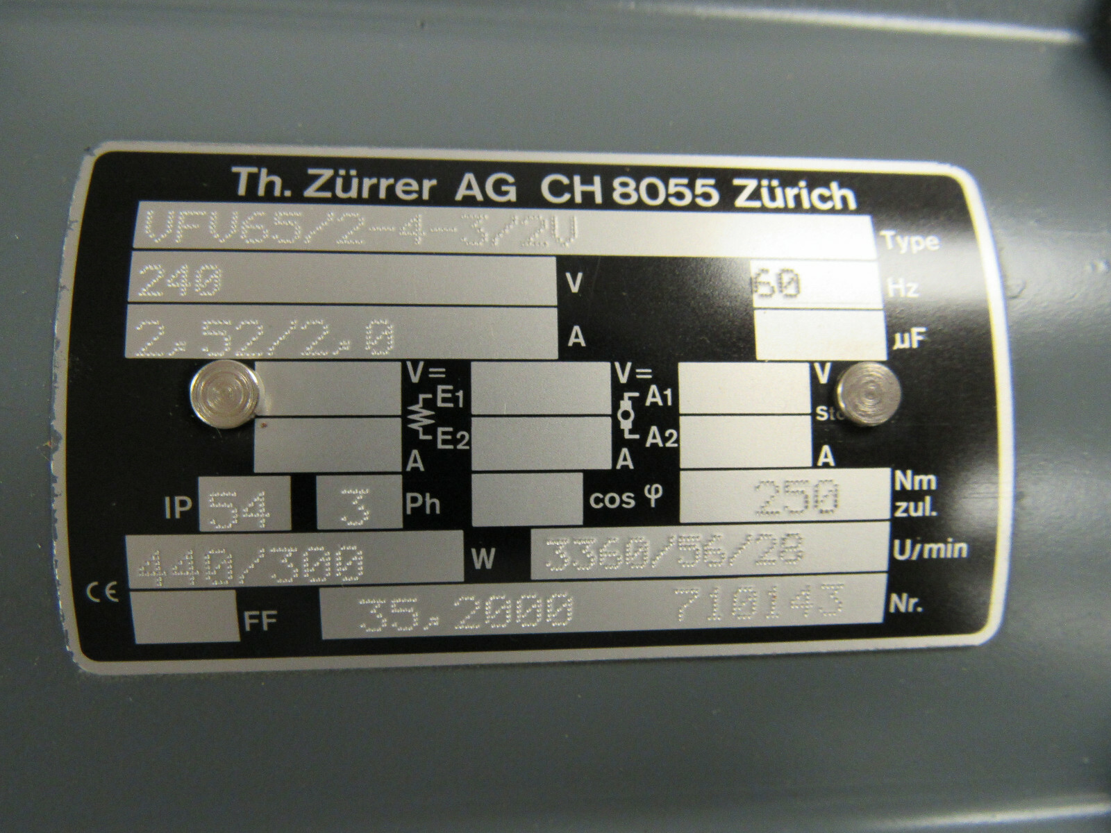 TH. ZURER AG VFV65/2-4-3/2V GEAR MOTOR 240V 3360/56/28 RPM 25MM SHAFT ...