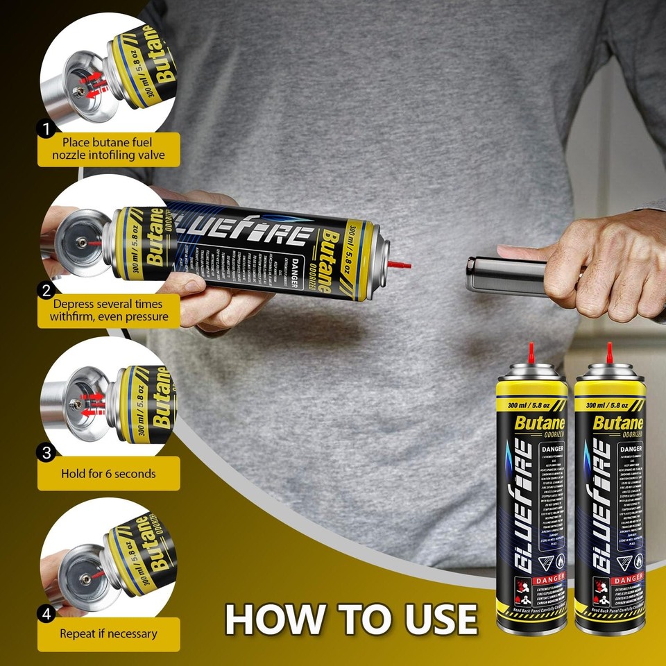 Bluefire Can Gas Refill Butane Fuel & 5 Nozzle adapter Refined 300ml 10 ...