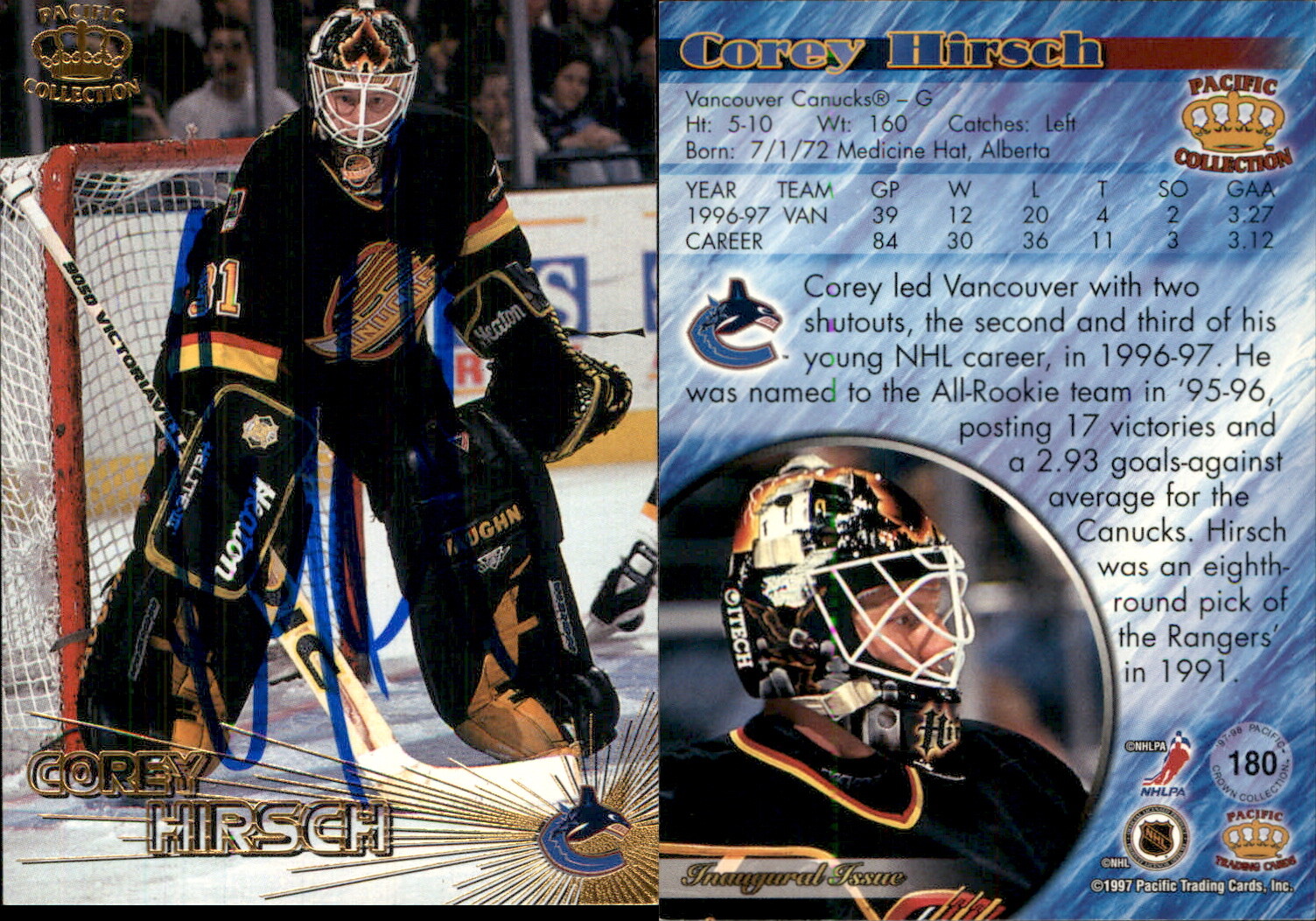 Corey Hirsch Signed 1997-98 Pacific Crown Collection #180 Vancouver ...