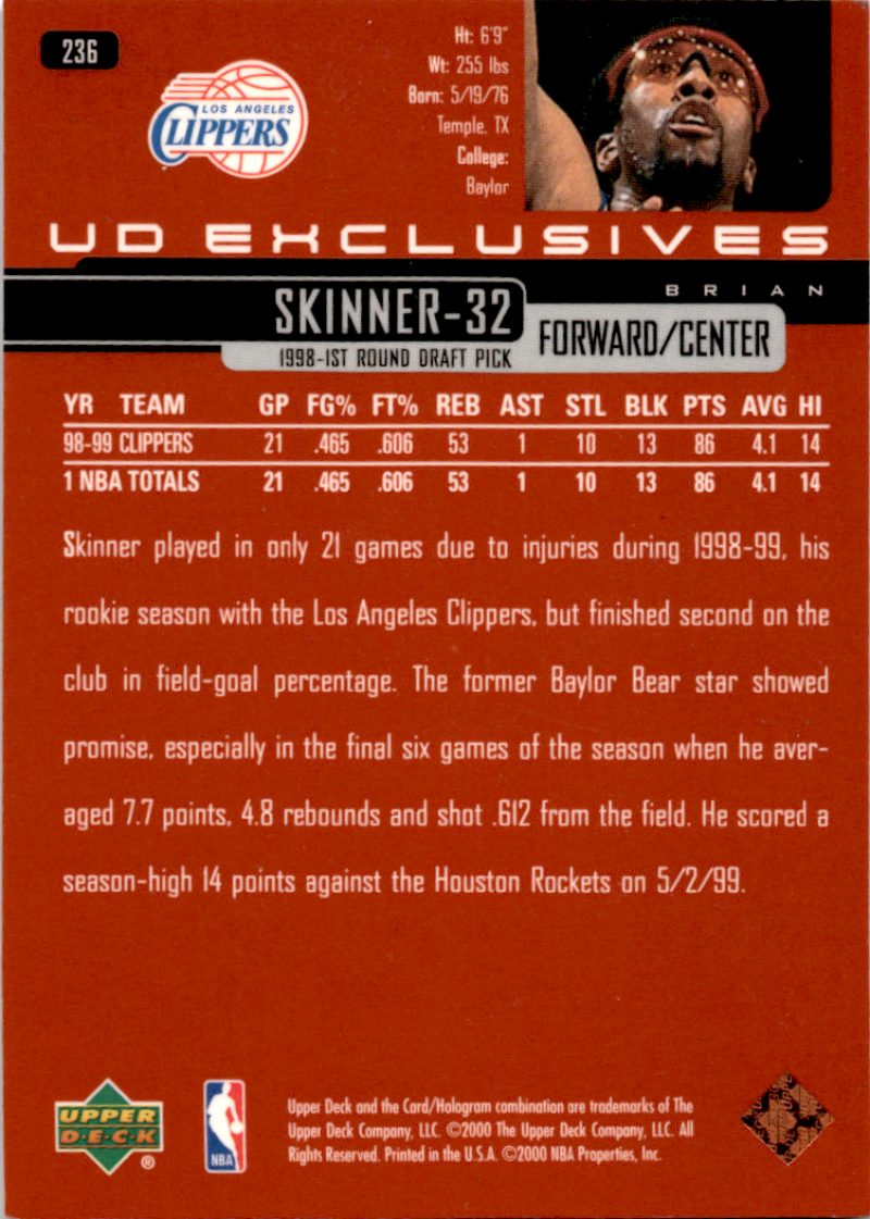 1999-00 Upper Deck Exclusives #236 Brian Skinner EX/NM 031/100 Clippers ...