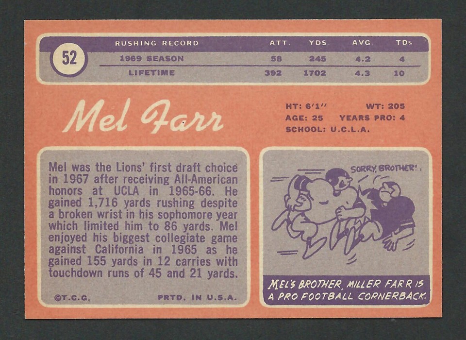 1970 Topps #52 MEL FARR Detroit Lions ROOKIE CARD - 4 SHARP CORNERS ...