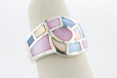 Geometric Design Sterling Silver Blue Pink Yellow Mother Pearl MOP Ring ...