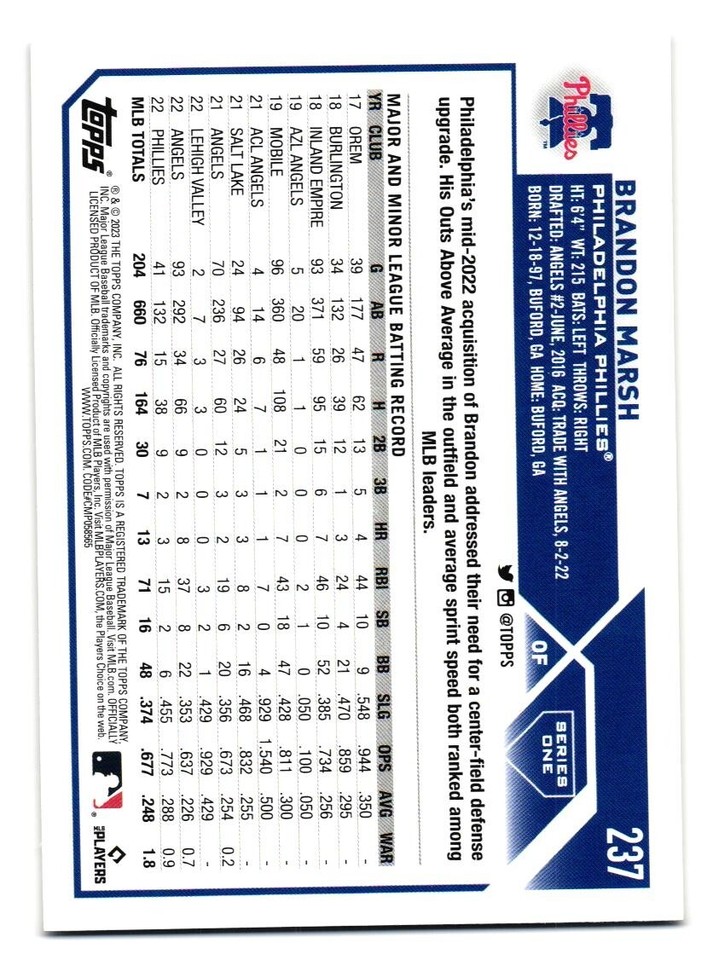 2023 Topps # 237 Brandon Marsh Philadelphia Phillies | eBay