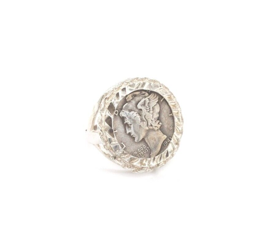 1943 MERCURY DIME RING SIZE 7 1/2 STERLING SILVER DIAMOND CUT ROPE ...