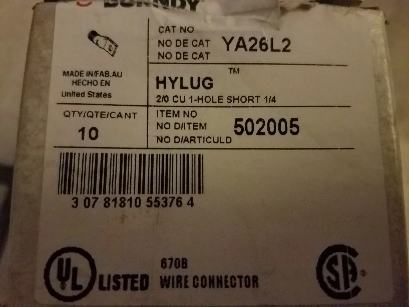 Box of 10 Burndy HYLUG YA26L2 Short Barrel Compression Cable Lug - 2/0 ...
