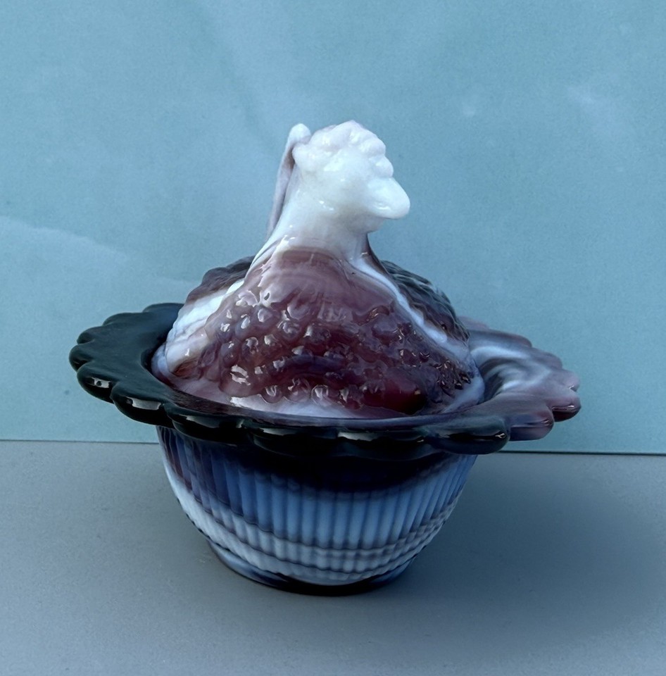 Vintage Mosser Glass Miniature Hen On Nest 3" Purple White Slag Glass ...