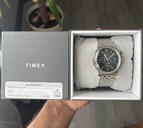 NEW Timex Marlin Moon Phase 40mm Classic Stainless Steel Bracelet Green ...