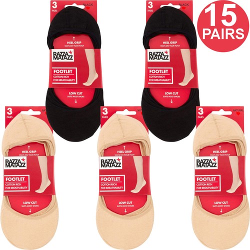 15 Pairs Razzamatazz Footlet No Show Low Cut Women Socks Black Beige ...