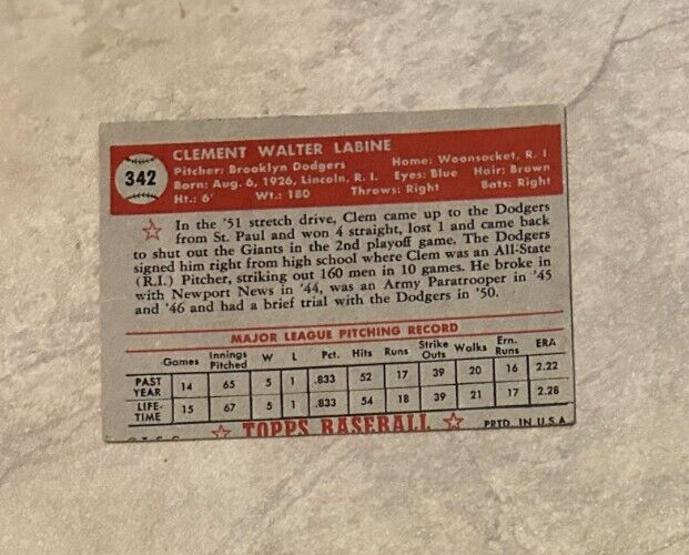 1952 Topps #342 Clem Labine Brooklyn Dodgers High # LOW GRADE Filler | eBay