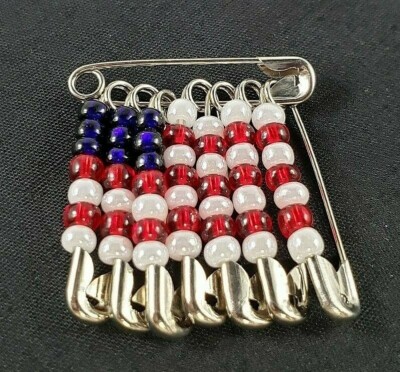 Safety Pin Flag American U.S. Patriotic Beaded Brooch Silver Tone Red ...