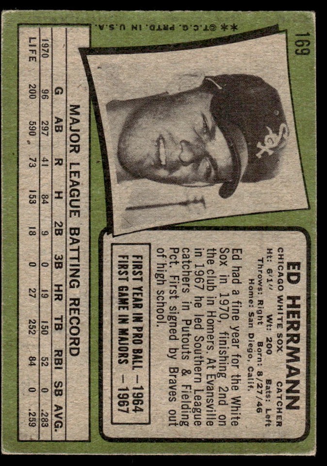 1971 Topps Ed Herrmann #169 Chicago White Sox Baseball Card | eBay