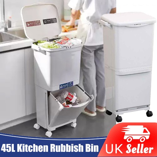 Kitchen Rubbish 45L Waste Bin Recycling Dual Multi Compartment Dustbins ...