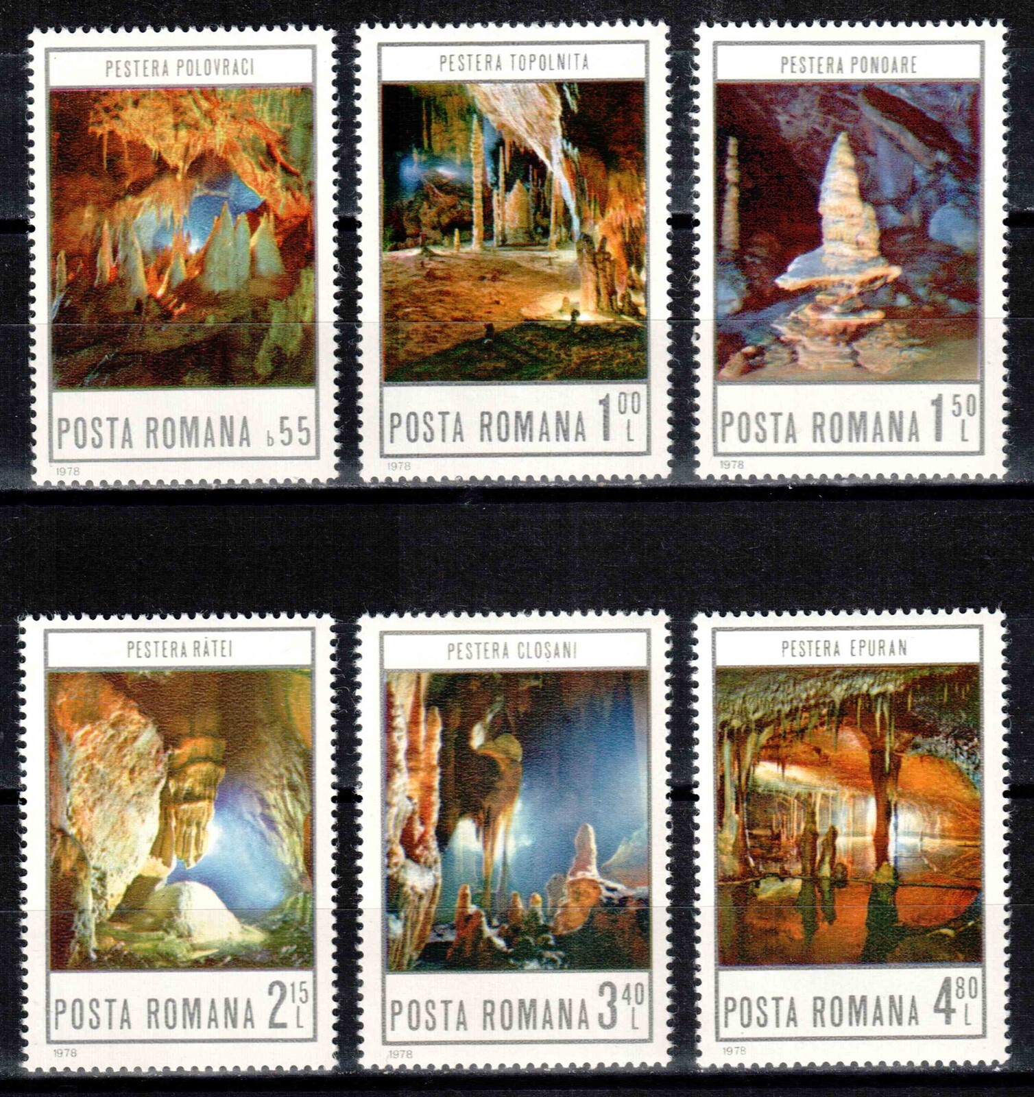 Romania 1978, Mi#3536-3541, Sc#2790-2795, caves, Polovraci, Ponoare ...