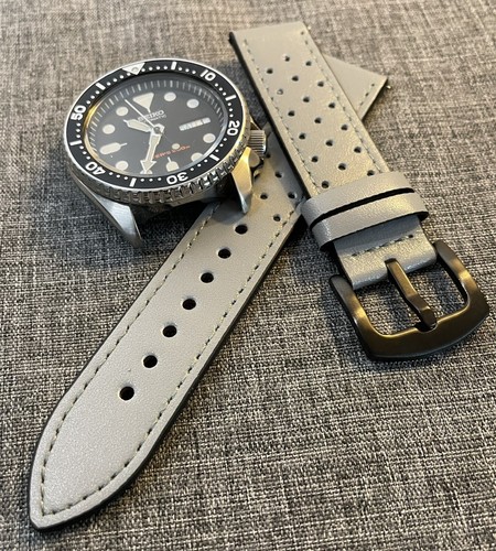 Leather Sports Watch Strap - Duel Colour Grey / Black / PVD Steel 20mm ...
