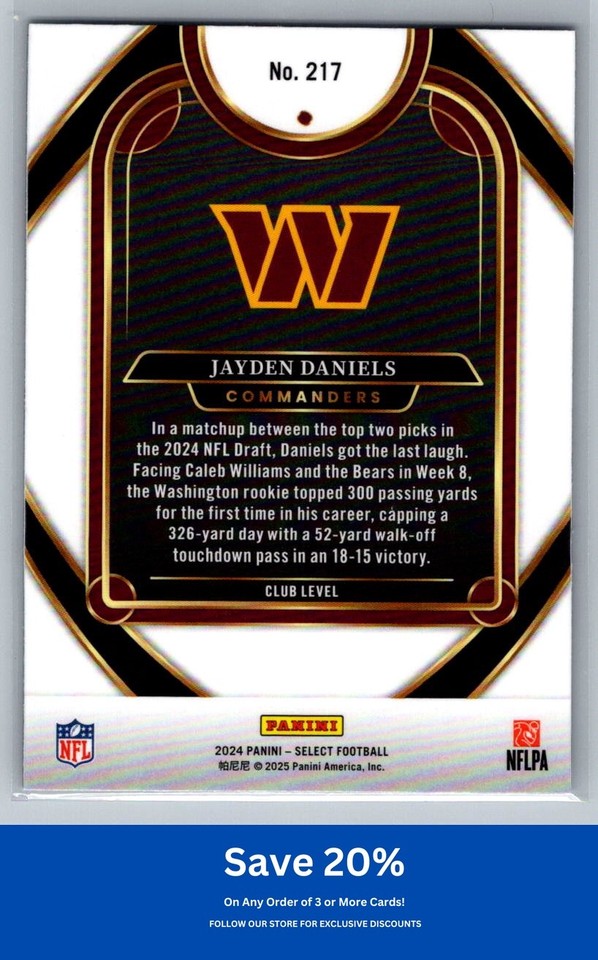 Jayden Daniels Rookie 2024 Panini Select #217 Washington Commanders K48 ...