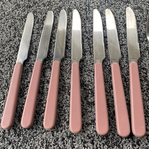 10 Pc Flatware Vtg MCM Stainless Steel Pink Plastic Handle Silverware ...