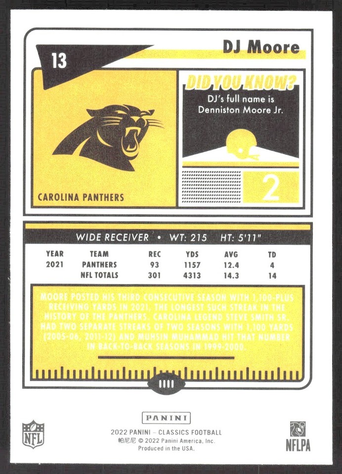 2022 Panini Classics Grey DJ Moore Carolina Panthers #13 Parallel | eBay