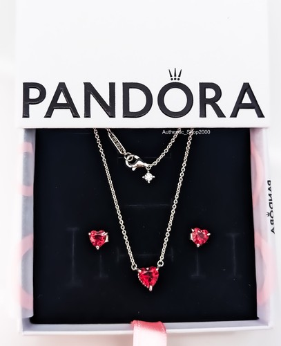NEW 100% Authentic PANDORA Sparling Red Heart Necklace Earrings Jewelry ...
