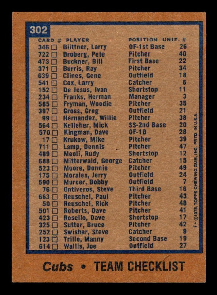 1978 Topps Baseball #302 Cubs Team EX *d4 | eBay