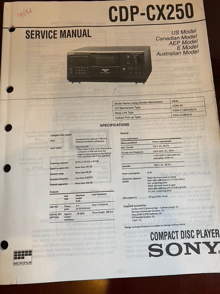 SONY CDP-CX250 CDPCX250 Service Manual FROM THE USA **ORIGINAL** | eBay