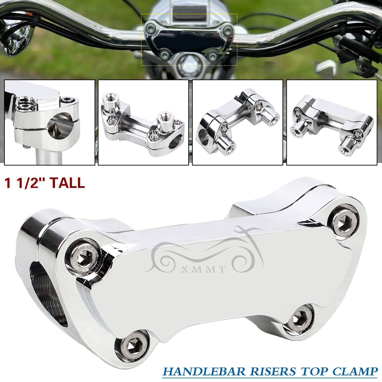 1 1/2" Tall Handlebar Risers &Top Clamp For Harley Dyna Softail FXST ...