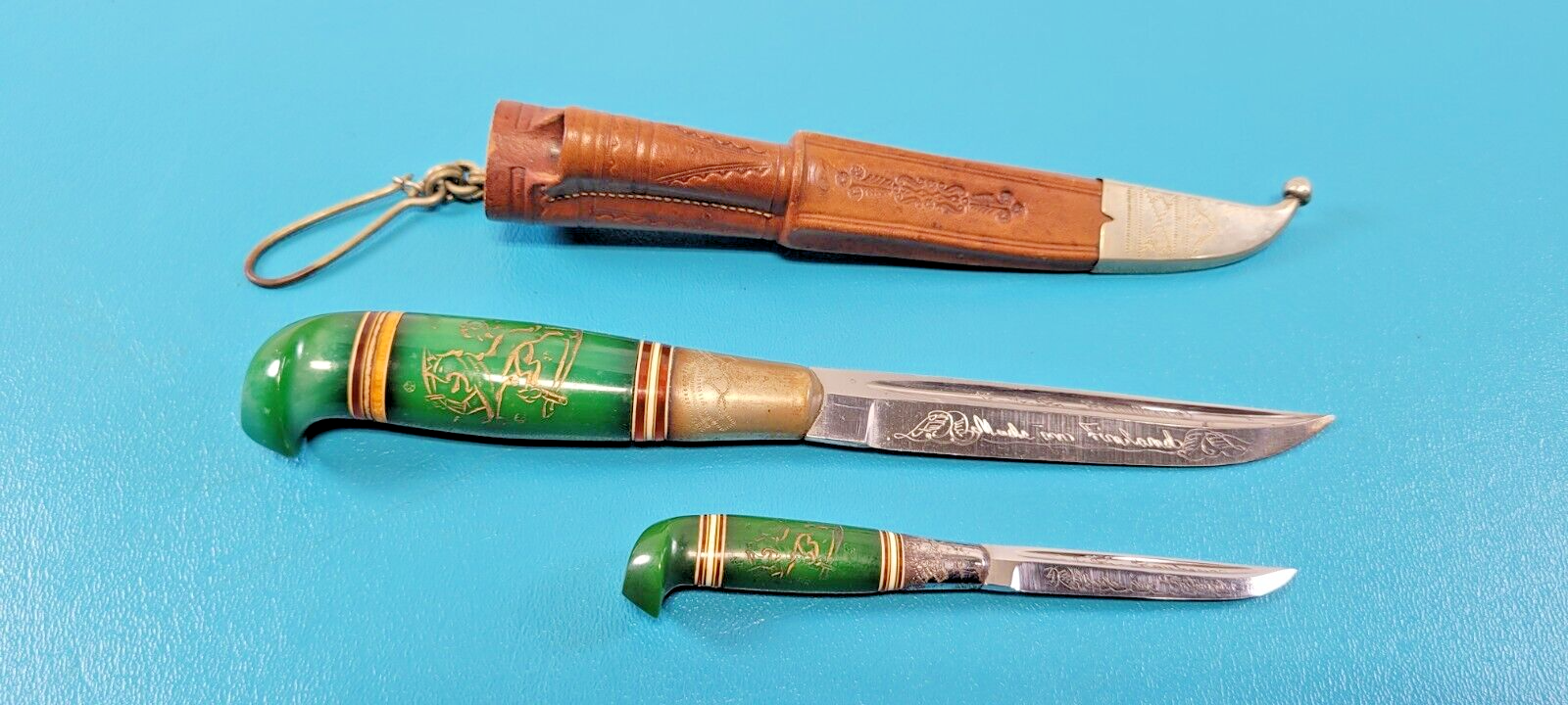 Two Knives Finland Jarvenpaa Puukko Knife Dagger + Sheath Green Handles ...