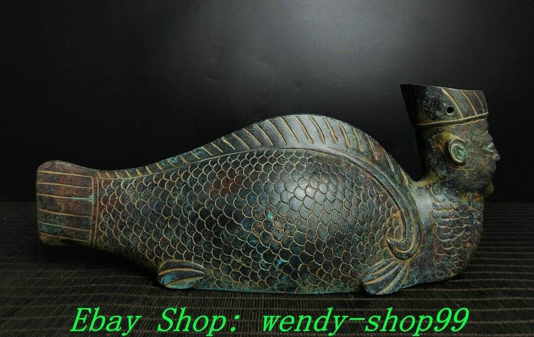 14" Old Chinese Shang Dynasty Bronze Ware People Head Fish FIshs Animal ...