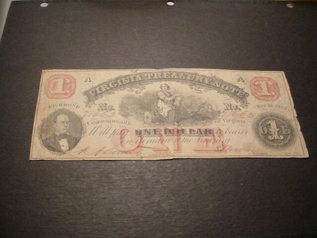 1862 CONFEDERATE VIRGINIA $1 ONE DOLLAR TREASURY NOTE RICHMOND (MAY 15 ...