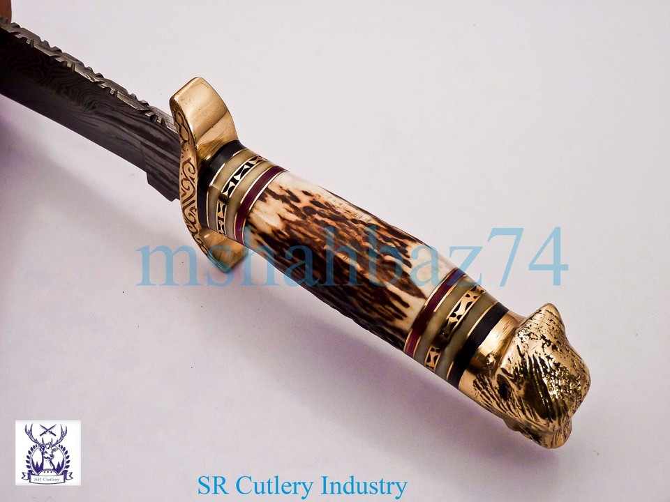 BEAUTIFUL WOLF CUSTOM HAND MADE DAMASCUS STEEL HUNTING SWORD KNIFE ...