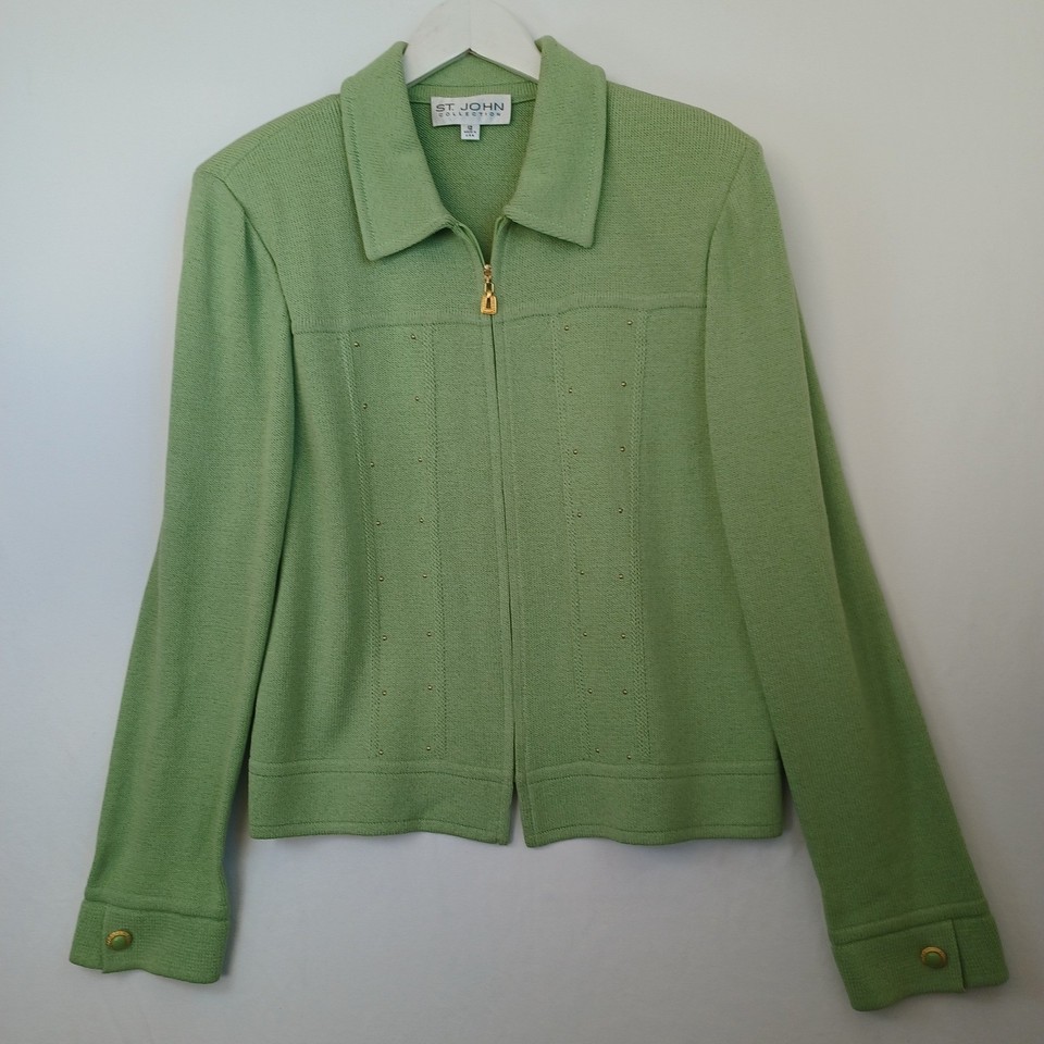 ST JOHN COLLECTION Womens Green Knit Zip Front Sweater Jacket Size 12 ...