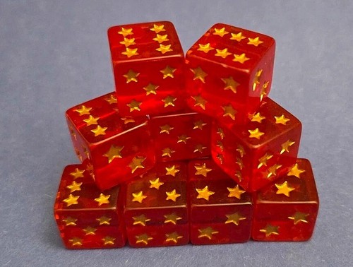 D6 DICE SET (12)- TRANSPARENT RED - 16mm, YELLOW STARS, WARHAMMER, D&D ...