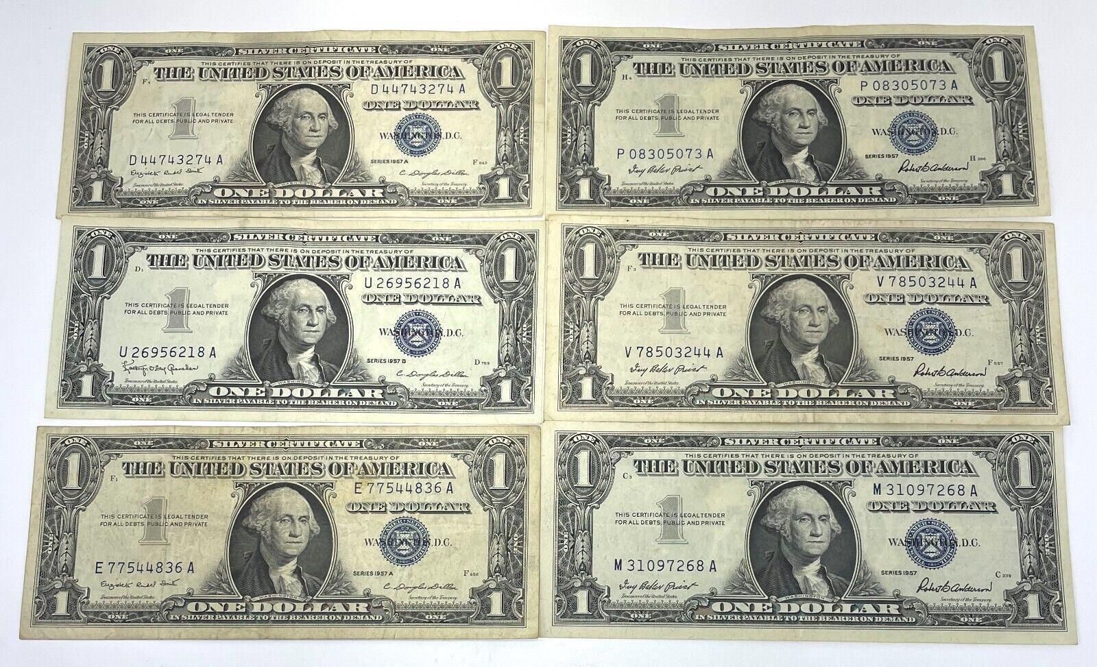 Lot of 6 1957 Series US Silver Certificate $1 Dollar XF Grade Paper ...