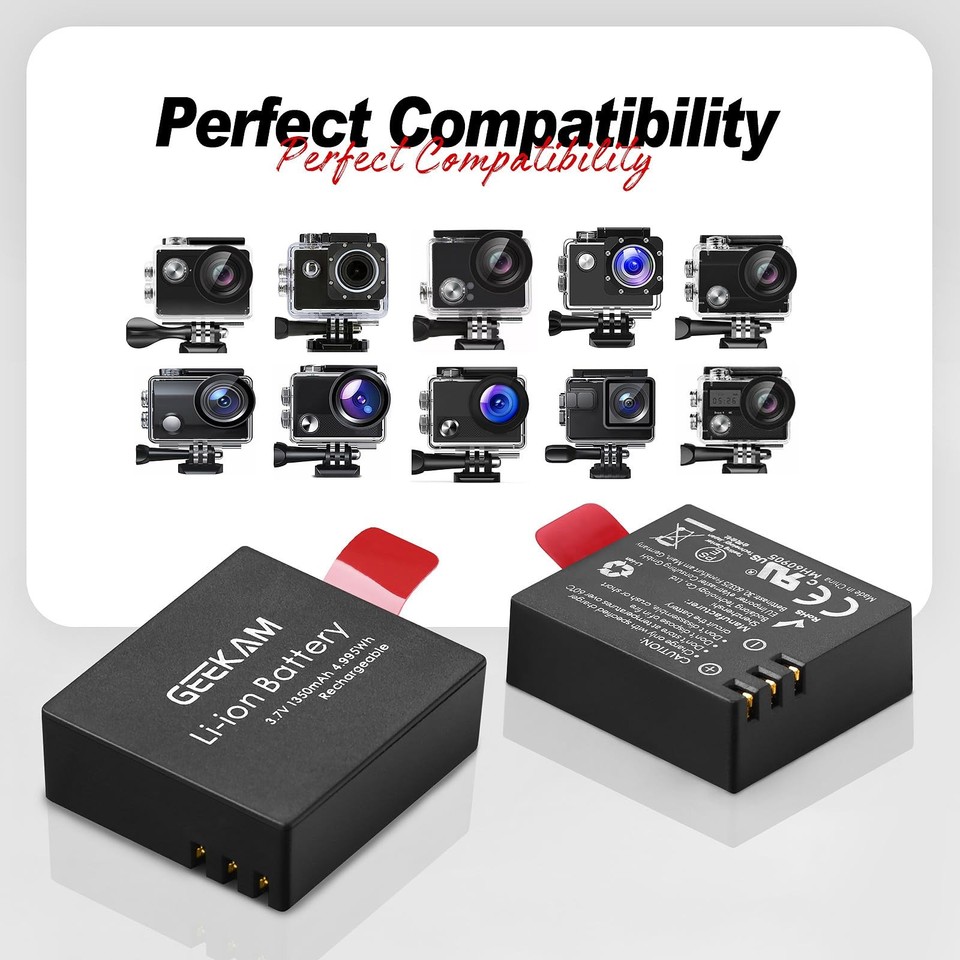 Action Camera Battery Pack, 1350mAh Rechargeable Battery(3-Pack) with ...