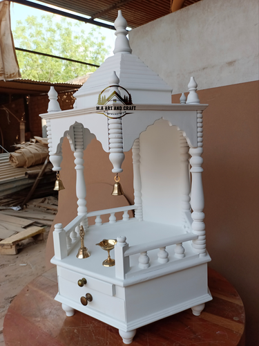 Wooden Open Temple Mandir White Finish Beautiful Hanging Brass Bells ...